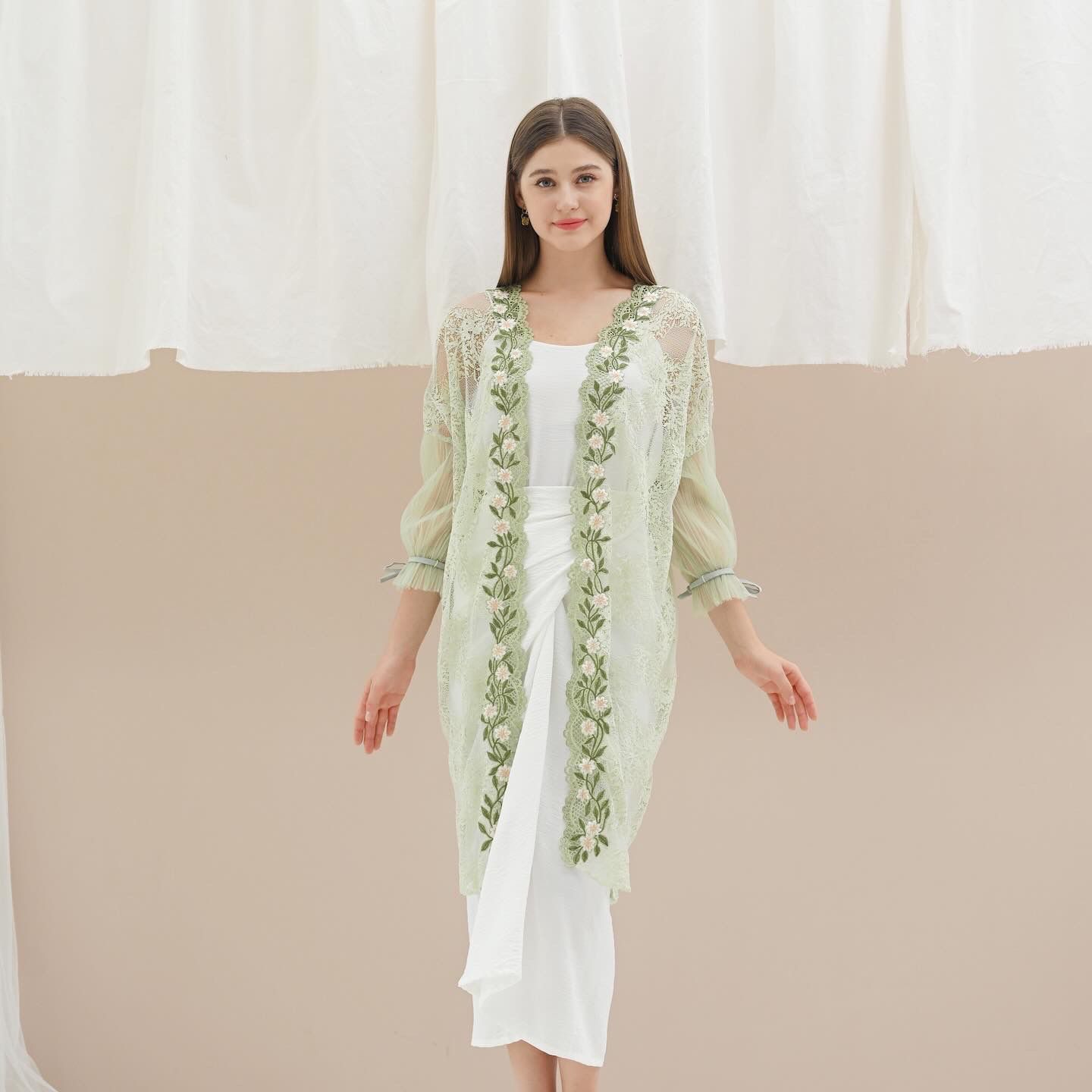 PO Chantilly Pleated Kebaya Vintage Flower Sage Green Set - Non&Nik